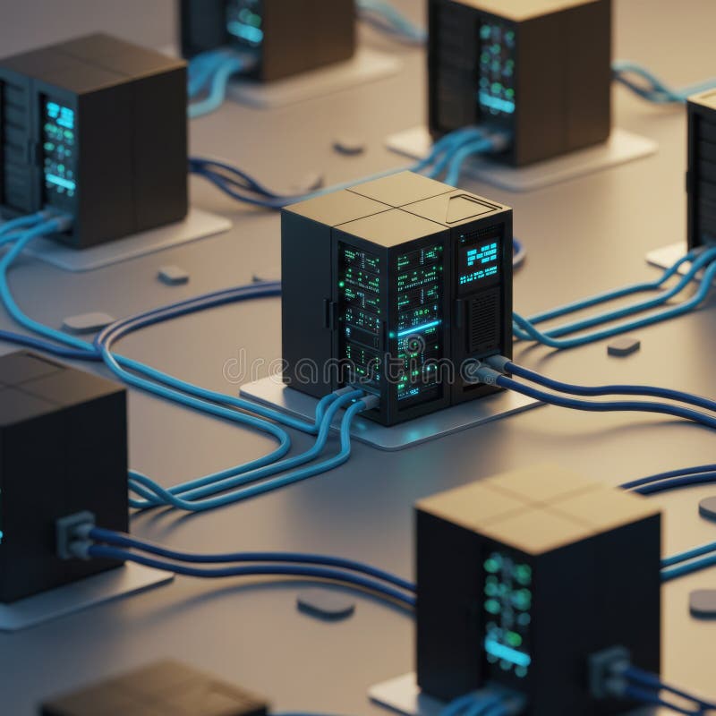 Network of Black Cubes Servers with Blue Cables Stock Illustration ...