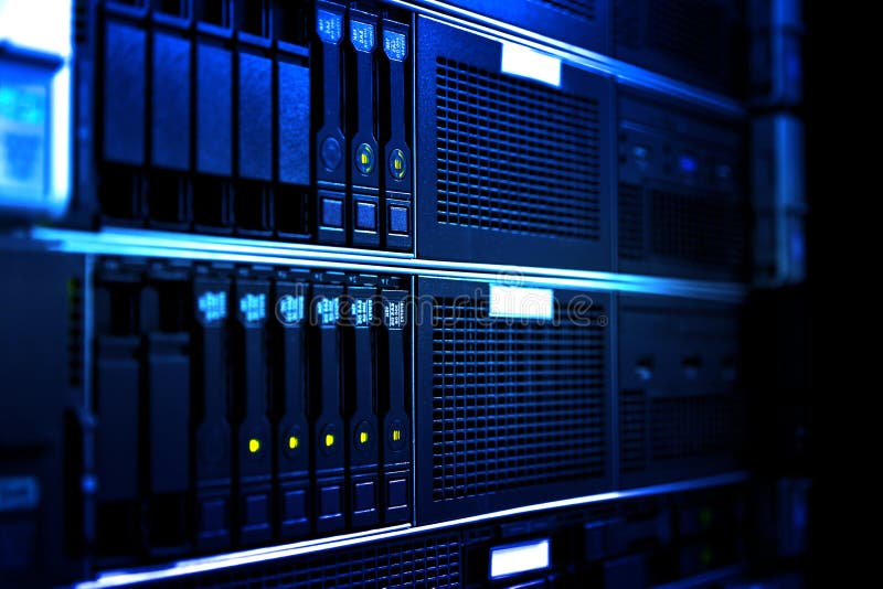 Dark Blue Data Centre Interior with Rows of Hardware Equipment ...