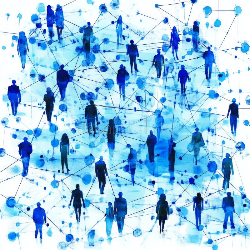 Network of Blue Silhouettes: Connected People on Abstract Background ...
