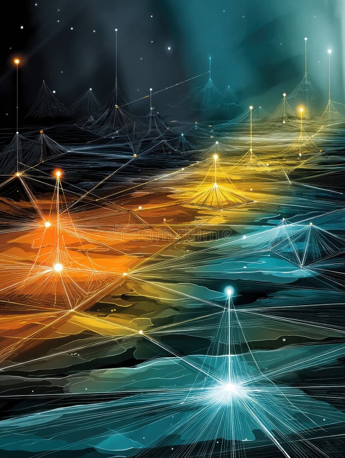 Network of Bots Transmitting Light Across a Digital Landscape Filled ...