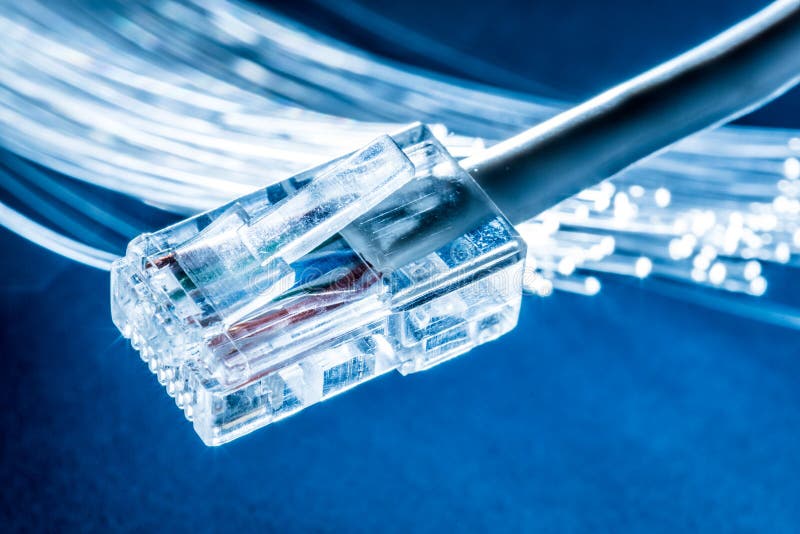 Network Cable and Optical Fibers with Lights in the Ends at the ...