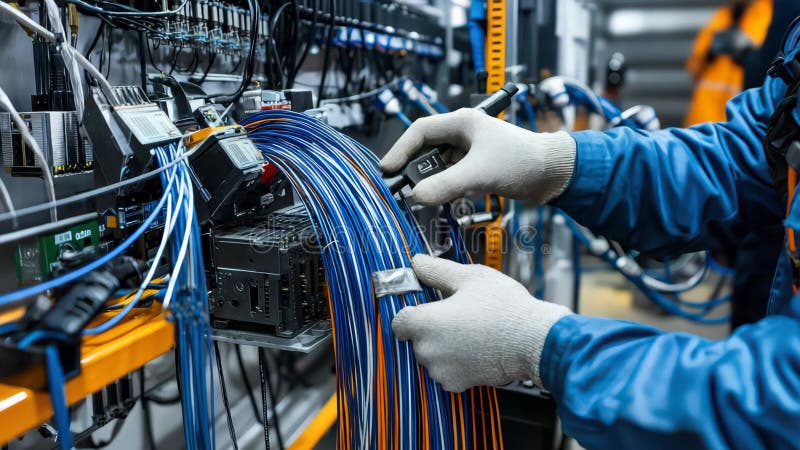 Network Cable Technician Working Server Rack Data Center with Blue Wire ...