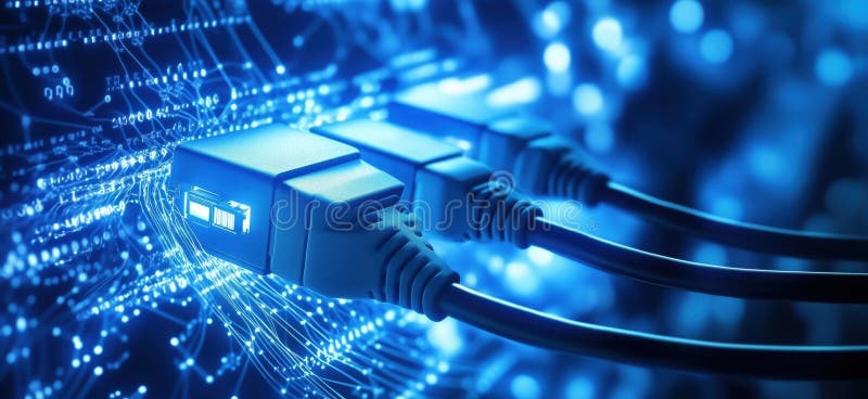 Network Cables Connected To Glowing Data Streams, Representing Digital ...