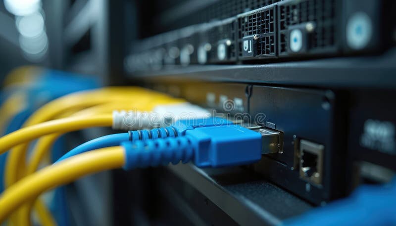 Network Cables Connected To Server Grid in Modern Data Center. Bright ...