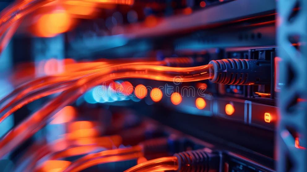 Network Cables Connected To Server Racks with Orange LEDs Stock ...