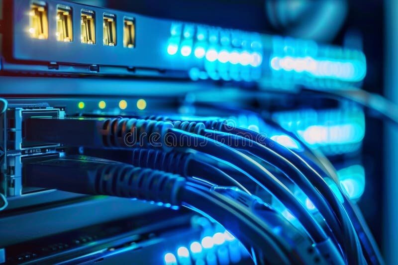 Network Cables Connected To Switch, Close Up of Data Center Hardware ...