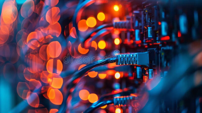 Network Cables and Connectors with Bokeh Lights Stock Illustration ...