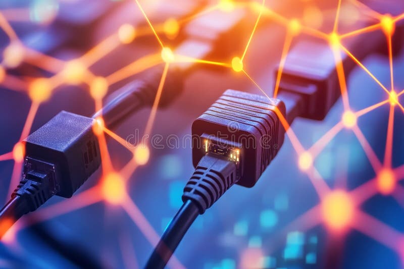 Network Cables With Glowing Connectors Linked To A Server Visualizing Digital Networking