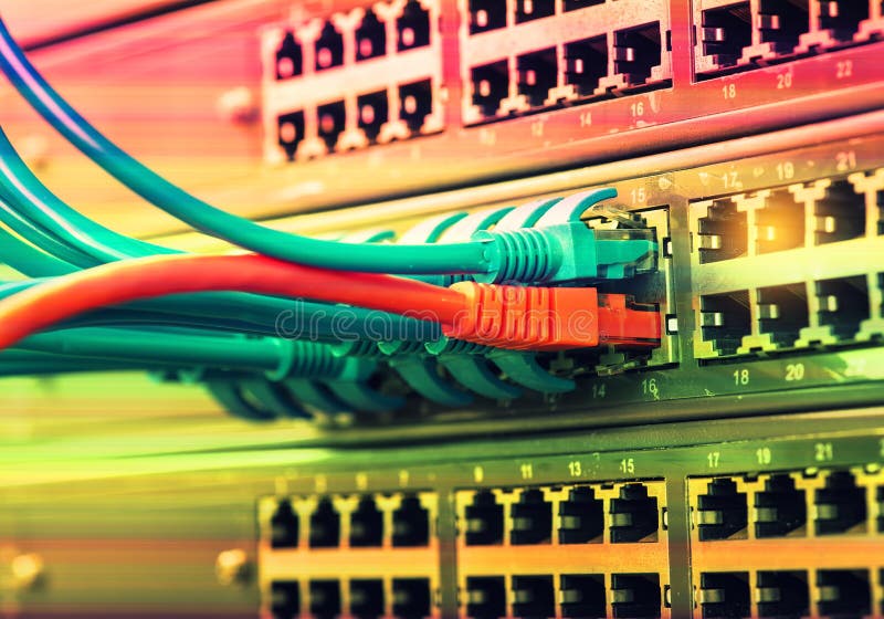 Network Cables and Hub Closeup with Fiber Optical Stock Photo - Image ...