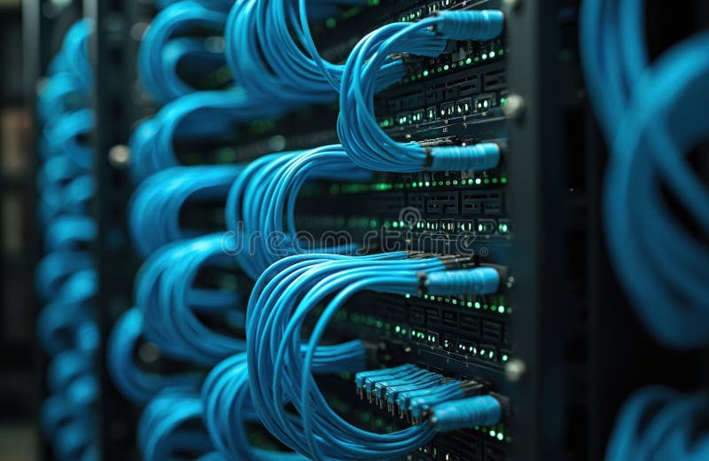 Network Cables Organized in Server Room. Blue Cables Connect To Rack of ...