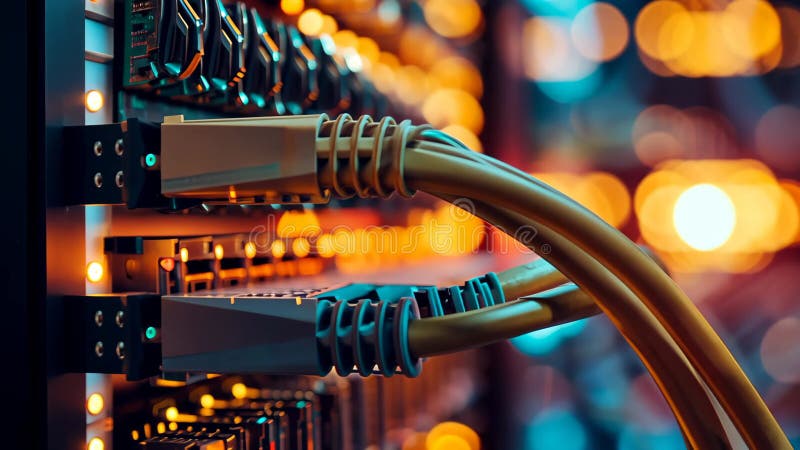 Close-up of Network Cables Connected To a Server with Illuminated ...