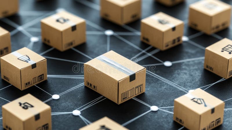 Network of Cardboard Boxes on Black Surface Representing Logistics and ...