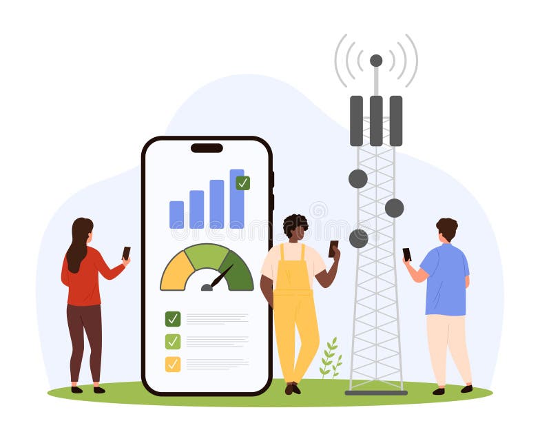 Network City Communication by Tower with Antenna, Tiny People Using ...