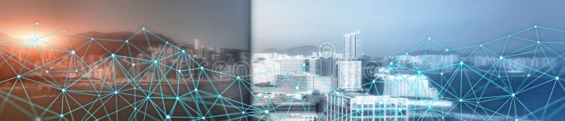 Network on City Skyline at Night. Connecting Technology Concept. Blue ...