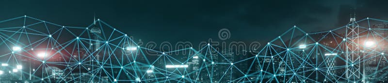 Network on City Skyline at Night. Connecting Technology Concept. Blue ...