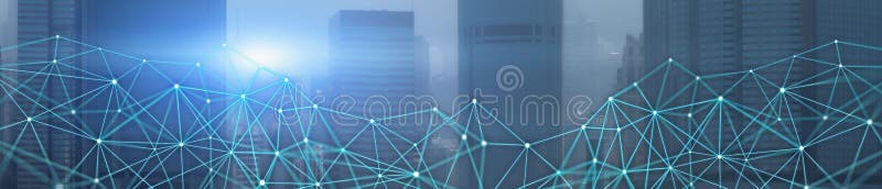 Network on City Skyline at Night. Connecting Technology Concept. Blue ...