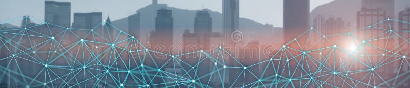 Network on City Skyline at Night. Connecting Technology Concept. Blue ...