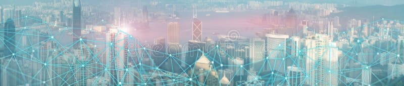 Network on City Skyline at Night. Connecting Technology Concept. Blue ...