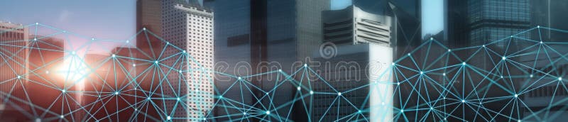 Network on City Skyline at Night. Connecting Technology Concept. Blue ...