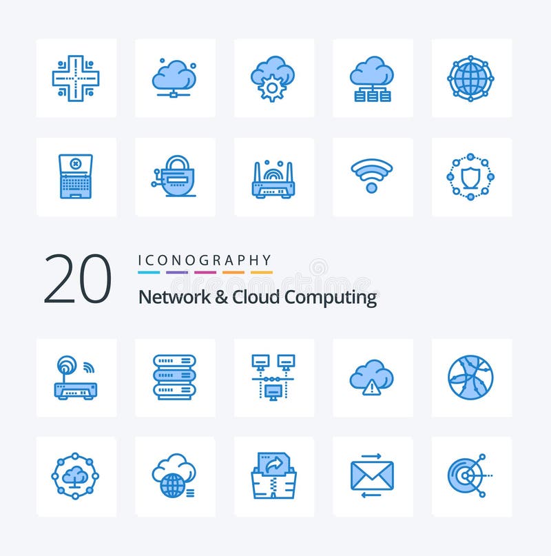 20 Network and Cloud Computing Blue Color Icon Pack Like Internet Data Cloud Technology Server ...