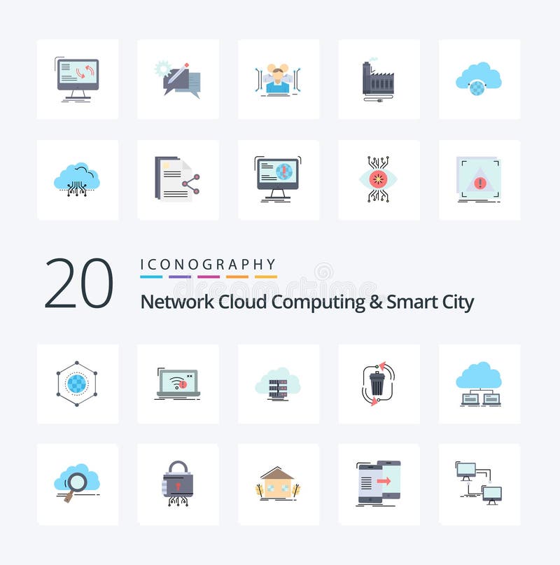20 Network Cloud Computing and Smart City Flat Color Icon Pack Like Garbage Waste Lost Flow ...
