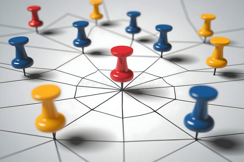 Network of Colored Pins Interconnected by Lines, with a Prominent Red ...
