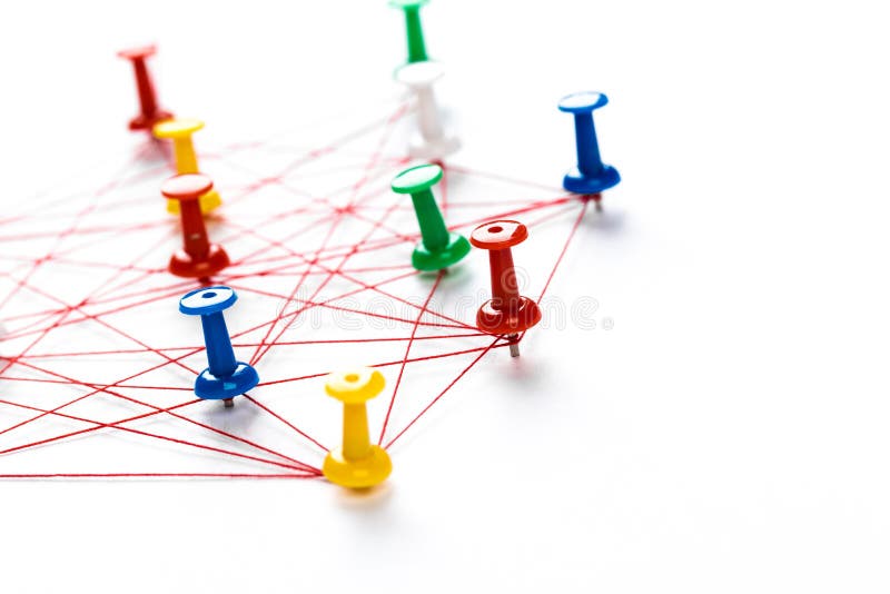 Network with Colorful Pins and String, Linked Together with String on a ...