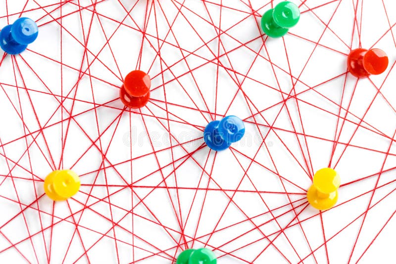 Network with Colorful Pins and String, Linked Together with String on a ...