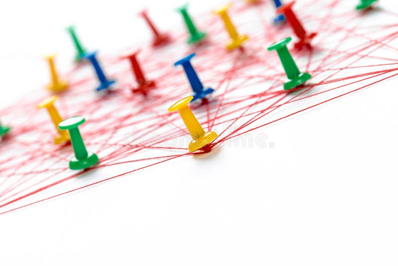 Network with Colorful Pins and String, Linked Together with String on a ...