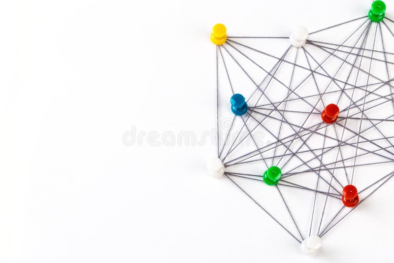 Network with Colorful Pins and String, Linked Together with String on a ...