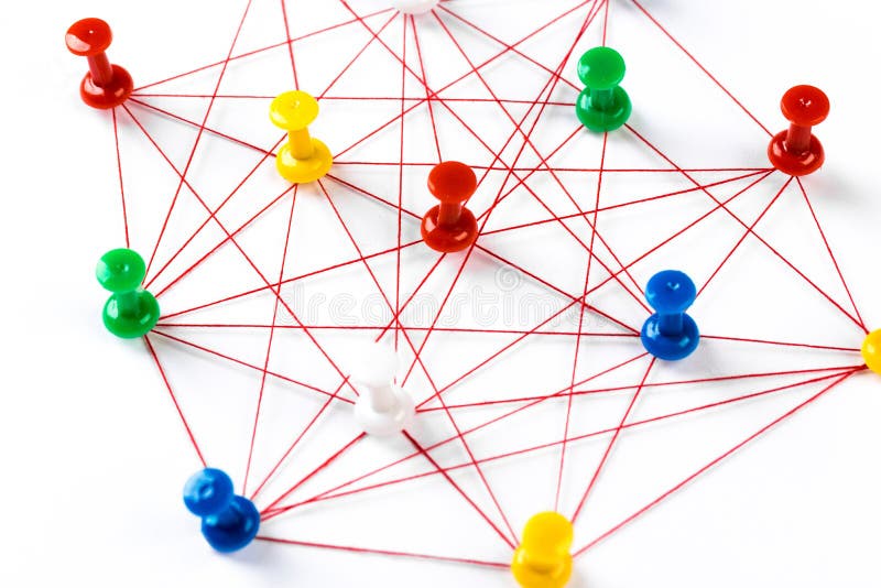 Network with Colorful Pins and String, Linked Together with String on a ...