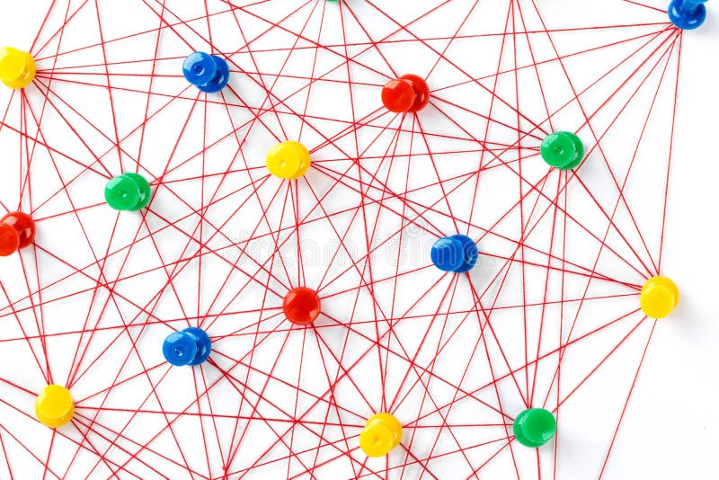 Network with Colorful Pins and String, Linked Together with String on a ...