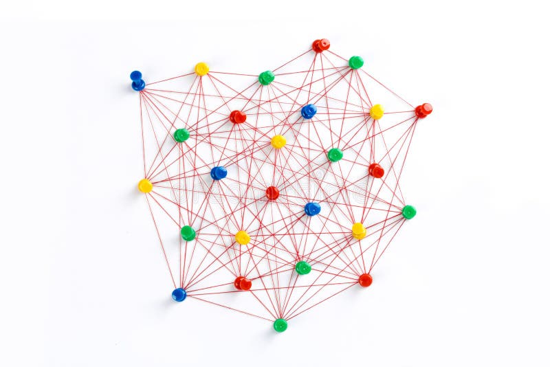 Network with Colorful Pins and String, Linked Together with String on a ...
