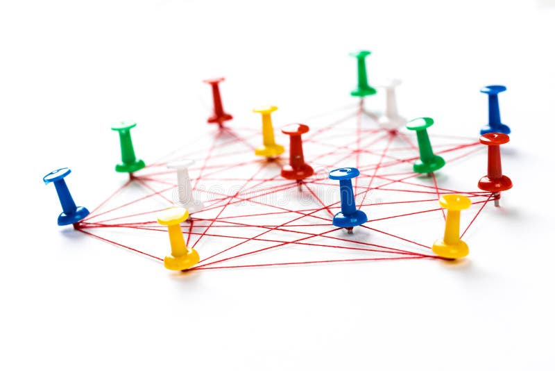Network with Colorful Pins and String, Linked Together with String on a ...