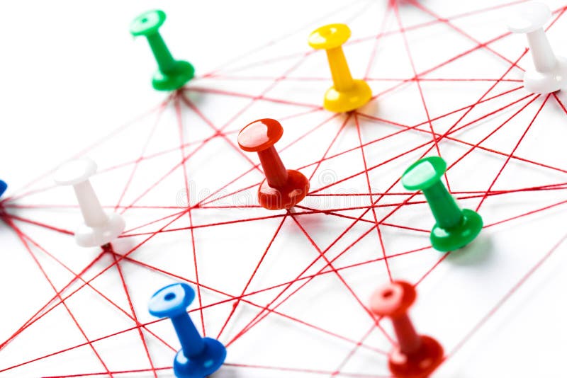Network with Colorful Pins and String, Linked Together with String on a ...