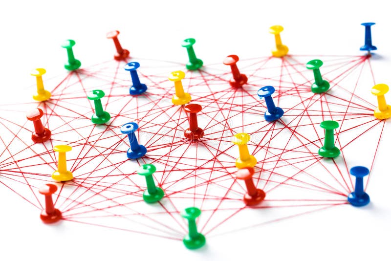 Network with Colorful Pins and String, Linked Together with String on a ...