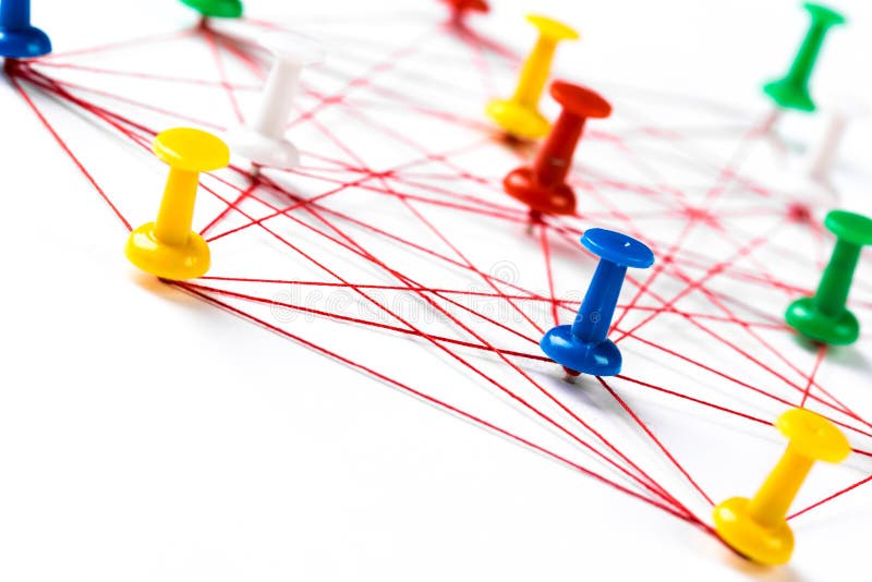 Network with Colorful Pins and String, Linked Together with String on a ...