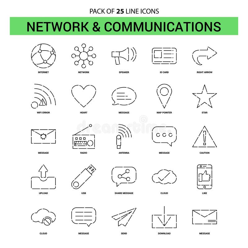 Network and Communication Line Icon Set - 25 Dashed Outline Style Stock ...