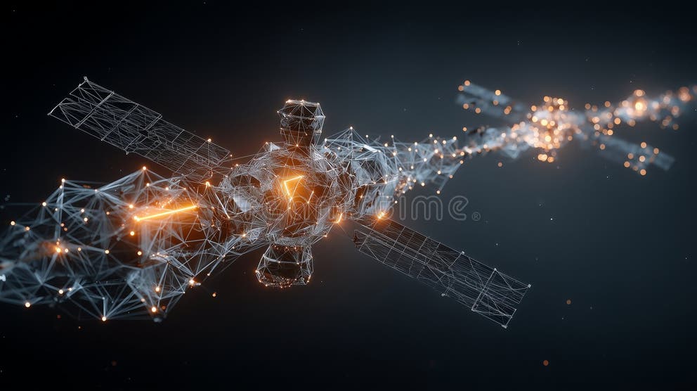 Network Communication Technology Concept with Wireframe Satellite and ...