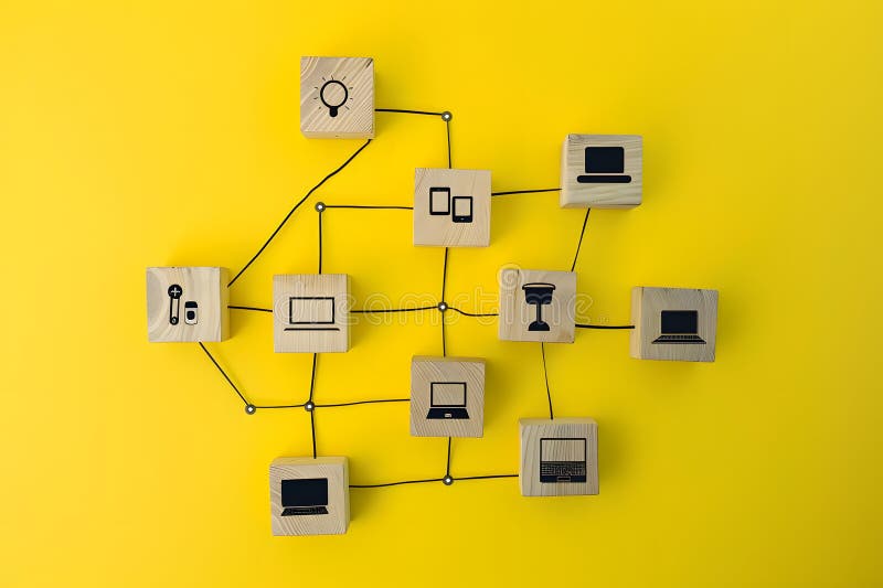 Network of Computers Connected by Wires on Yellow Background Stock ...