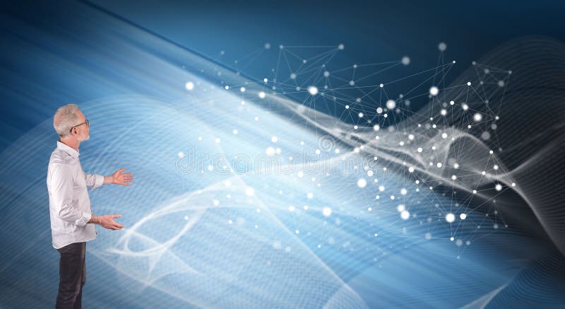 A Network Concept Explained by a Businessman on a Wall Screen Stock ...