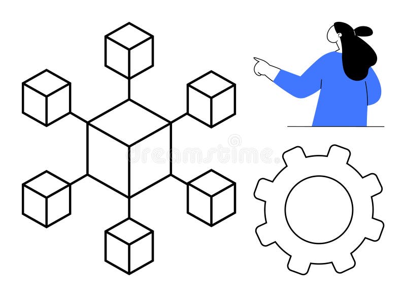 Network of Cubes with Gear and Person Pointing Ideal for Technology and ...