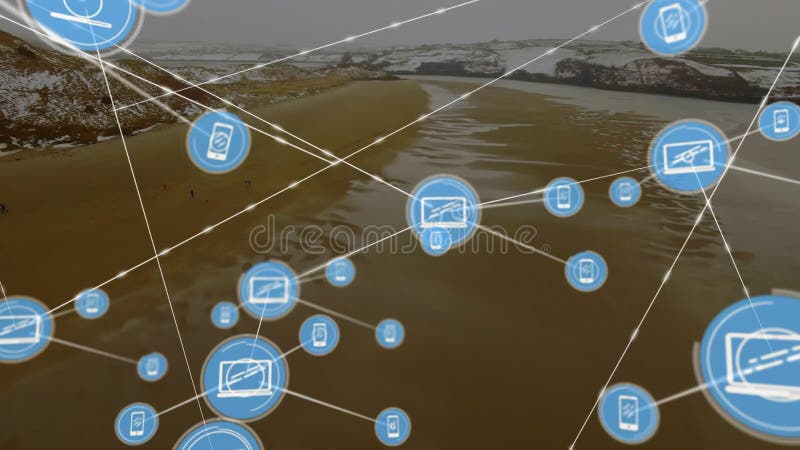 Network of Connected Devices Animation Over Coastal Landscape with ...