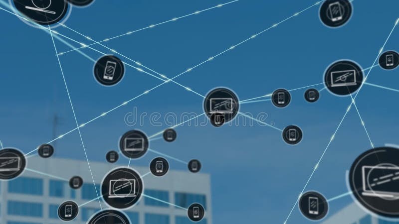 Network of Connected Devices Animation Over Office Building Background ...