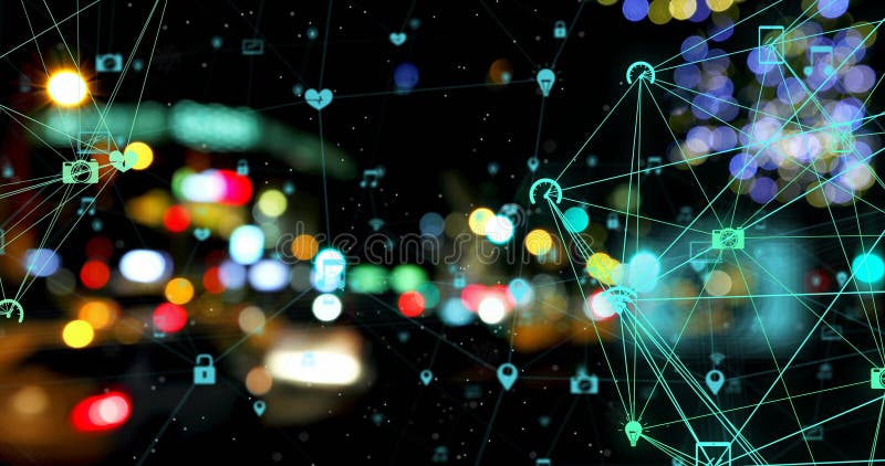 Network of Connected Devices and Icons Image Over Blurred City Lights ...
