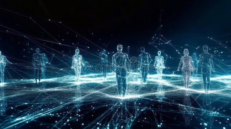 Conceptual Network of Connected Human Figures on Glowing Digital Grid ...