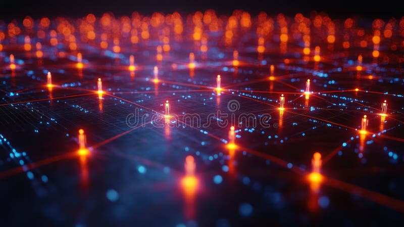 Conceptual Network of Connected Human Figures on Glowing Digital Grid ...
