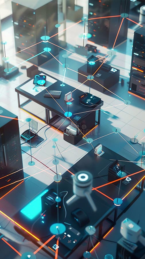 Network of Connected IoT Gadgets in an Office, Bright Daylight, Top ...