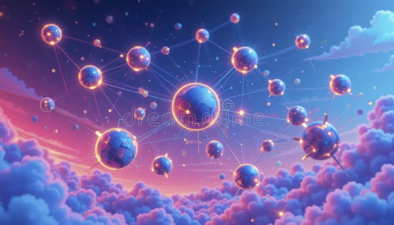 Network of Connected Spheres Above Dreamy Clouds at Twilight Evokes ...