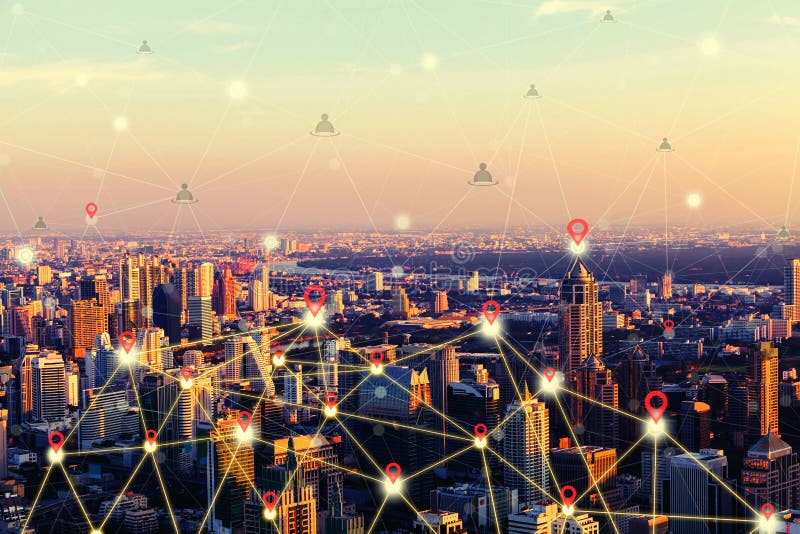 Network Connection and Communication Concept in Downtown City at Stock ...